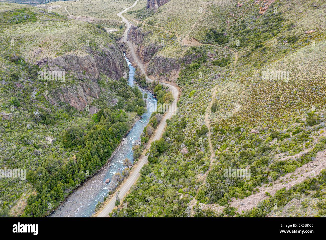 Canyon of river Rio Claro west of Puerto Ingeniero Ibanez, gravel road ...