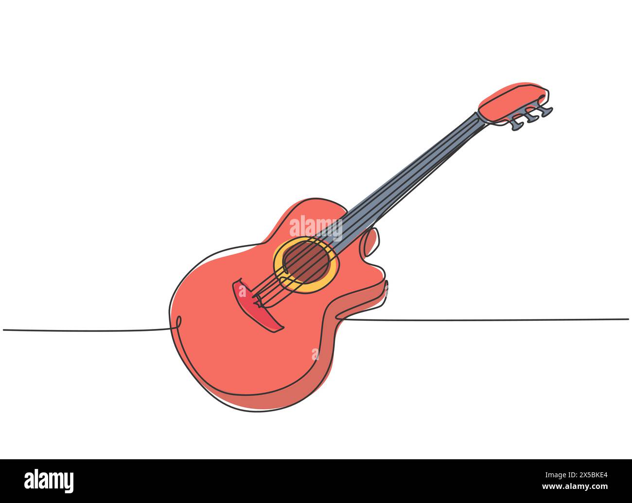 One single line drawing of wooden classic acoustic guitar. Modern ...