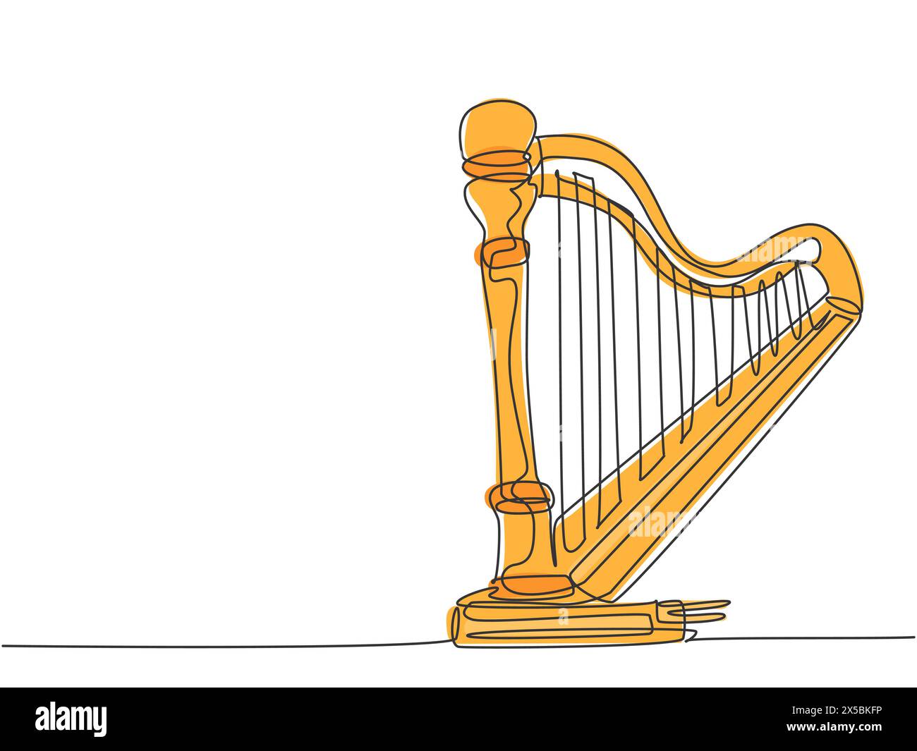 One single line drawing of elegant classical harp. Stringed music instruments concept. Modern ...