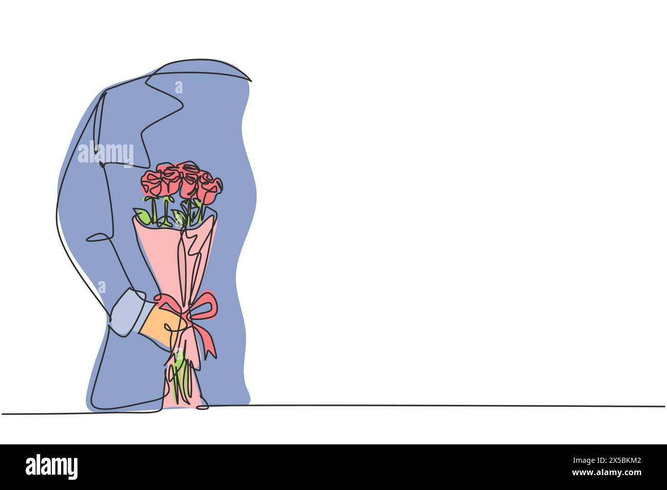 One single line drawing of young happy man hiding bouquet of beautiful ...
