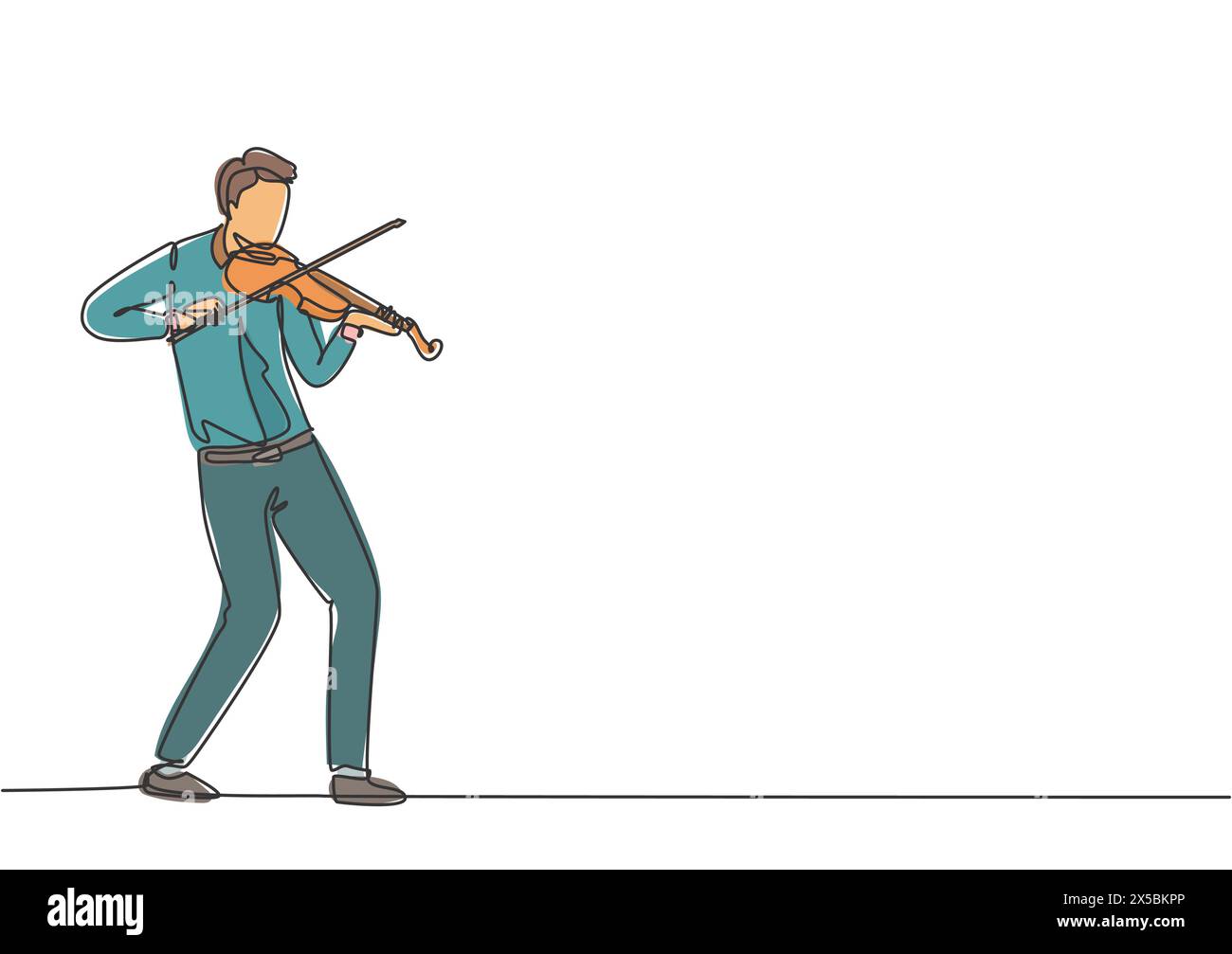 One single line drawing of young happy male violinist performing to ...