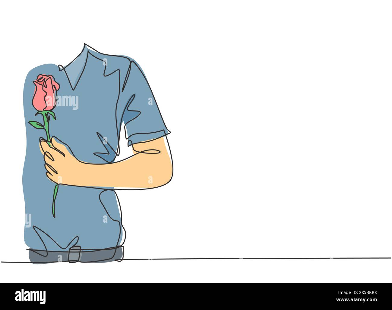 One single line drawing of young happy man holding beautiful rose ...