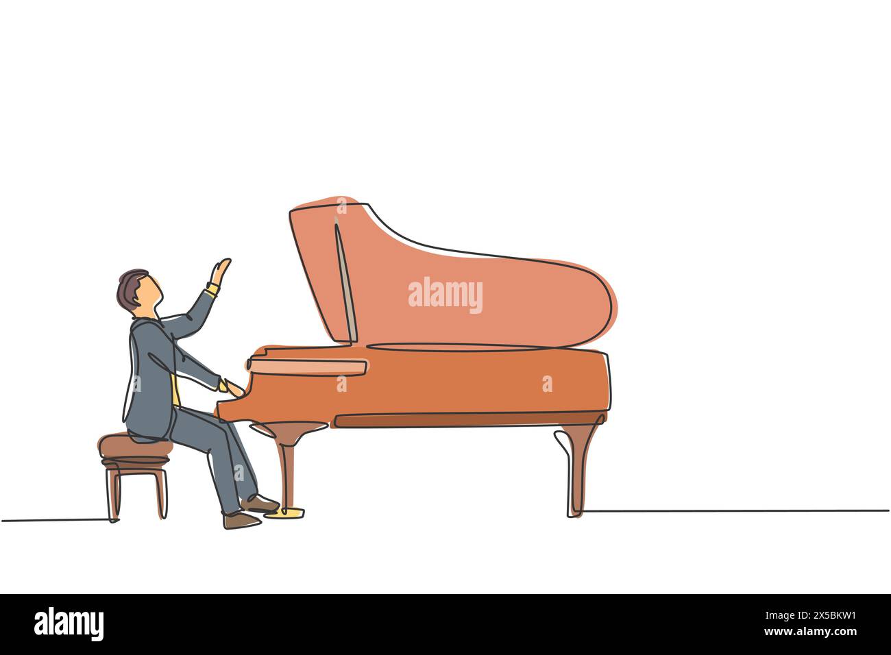 One continuous line drawing of young happy male pianist playing classic ...