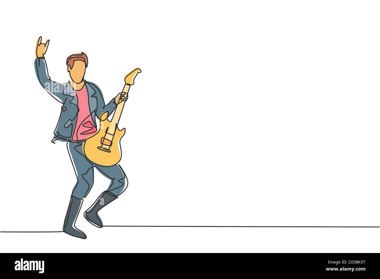 One single line drawing of young happy male guitarist playing electric ...