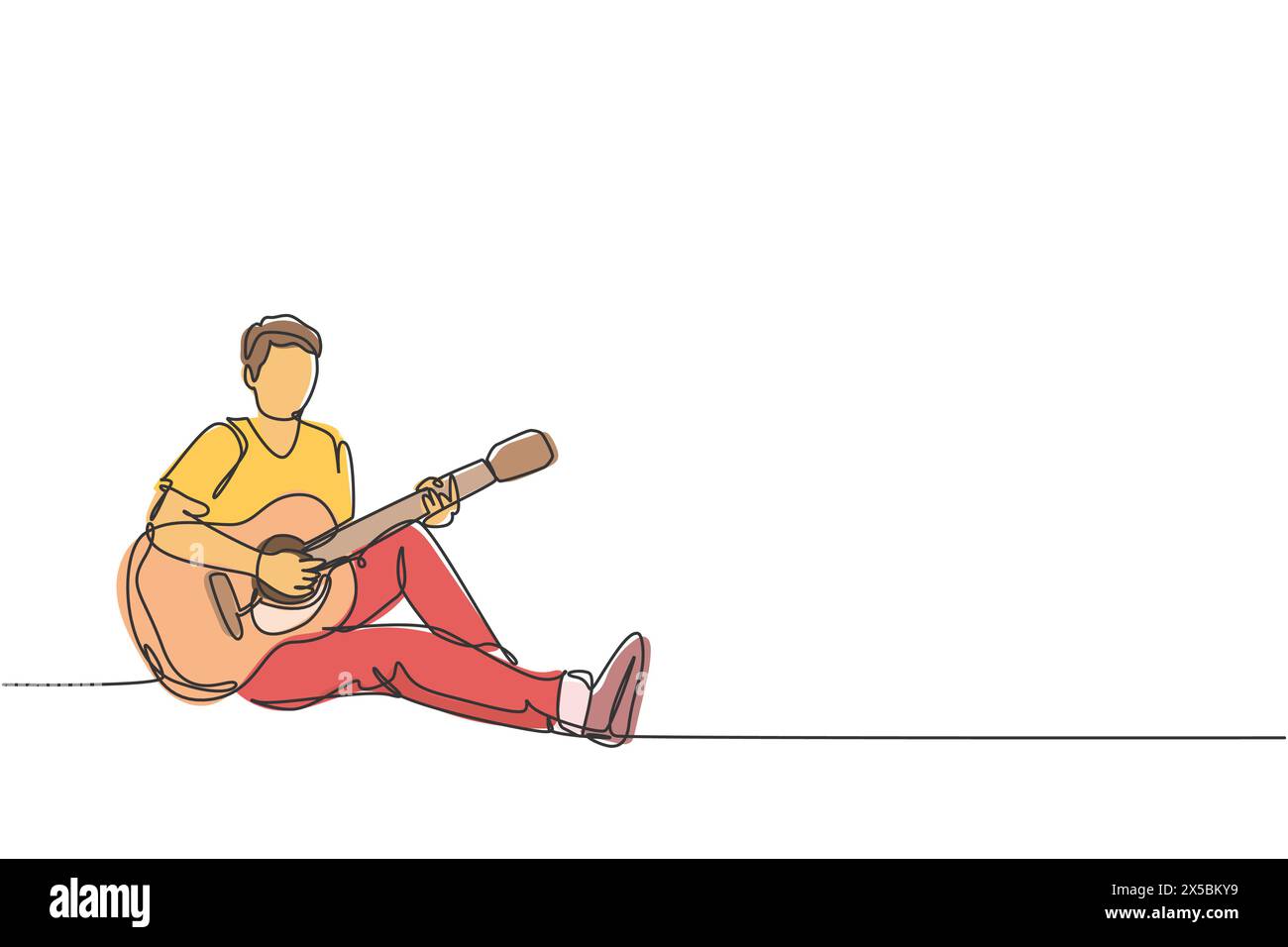 One continuous line drawing of young happy male guitarist sitting relax ...
