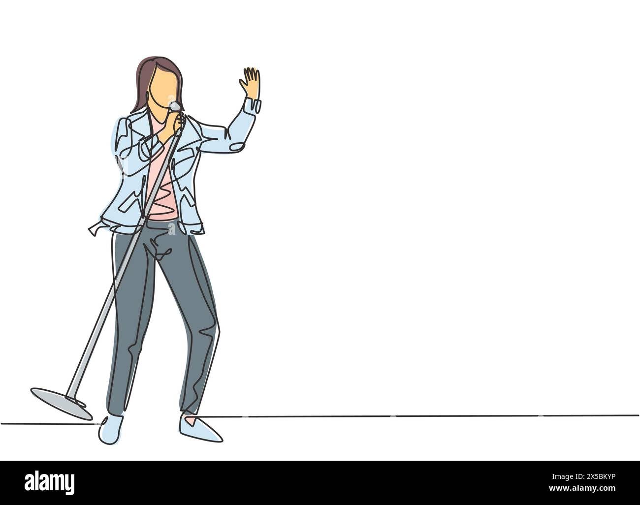 Single continuous line drawing of young happy lady rocker singer ...