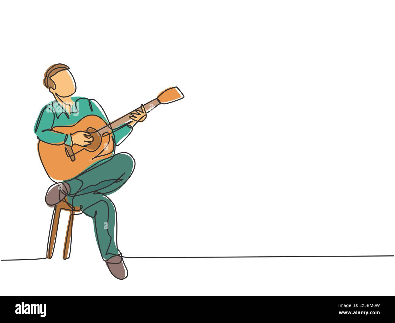 One single line drawing of young happy male guitarist playing acoustic ...