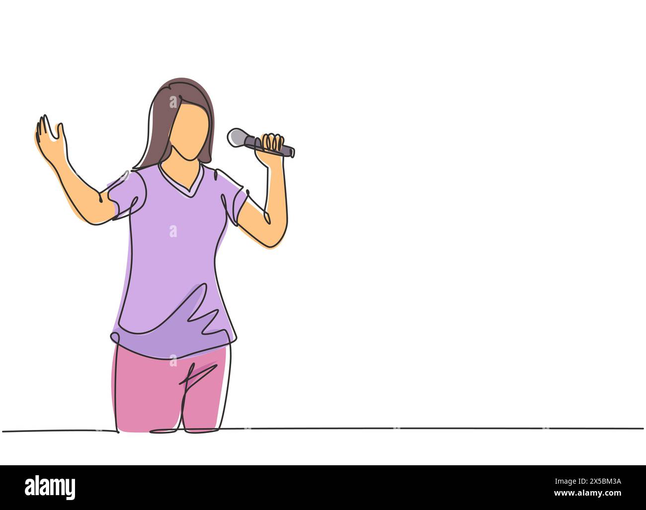 One continuous line drawing of young happy female singer holding a ...