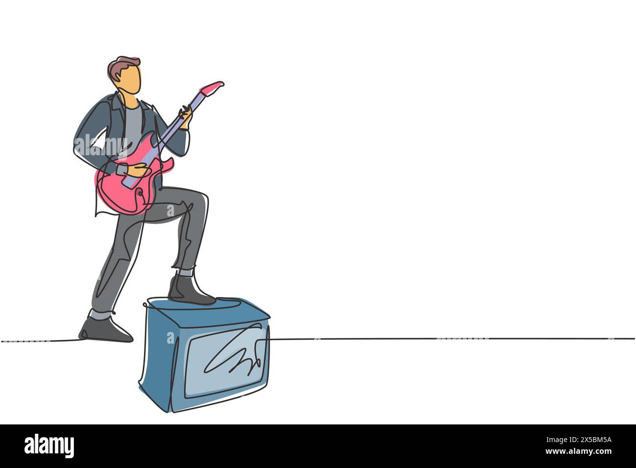 Single continuous line drawing of young happy male guitarist playing ...