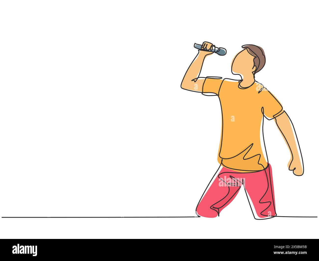 One single line drawing of young happy male rocker singer holding ...