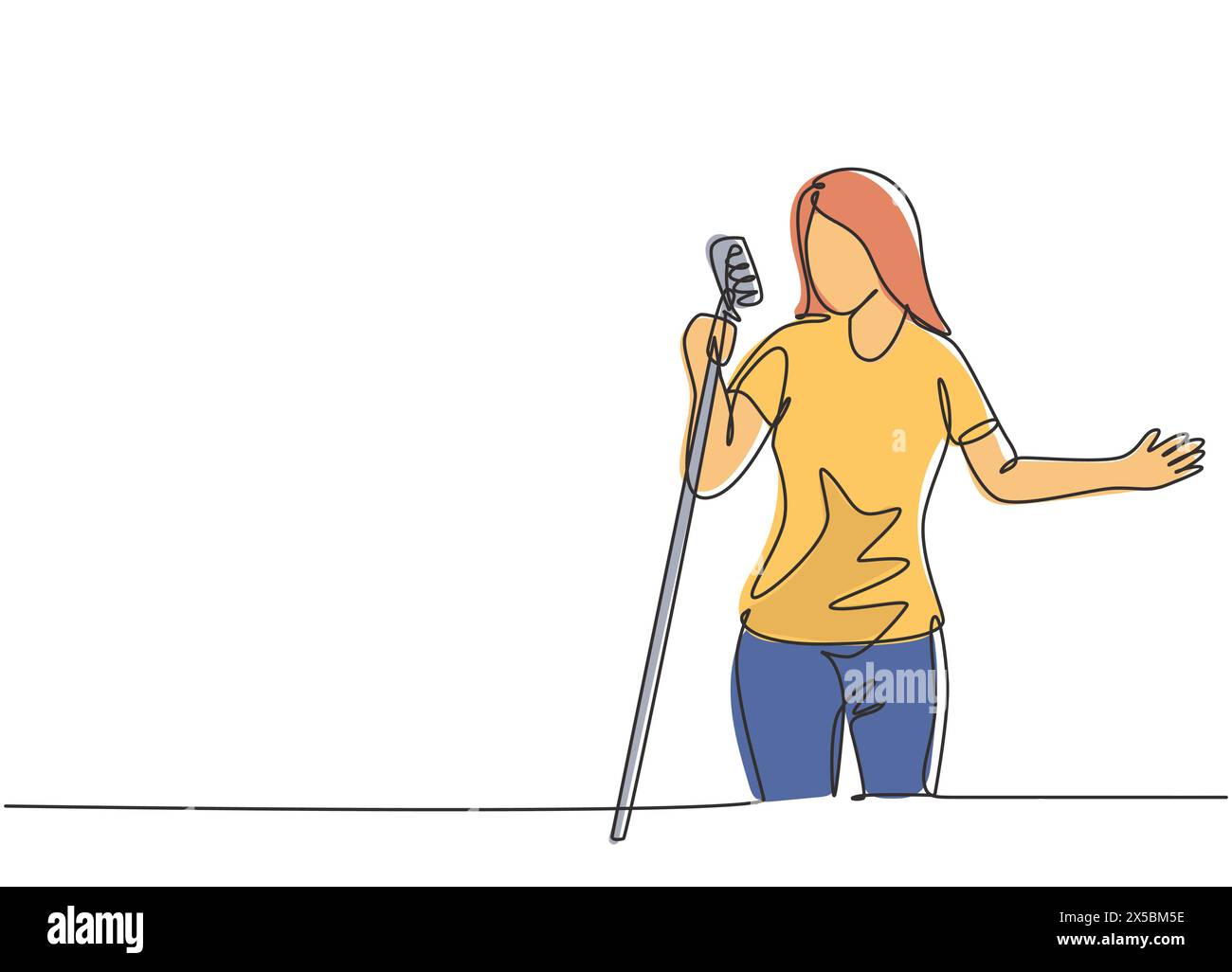 One single line drawing of young happy female singer holding a ...