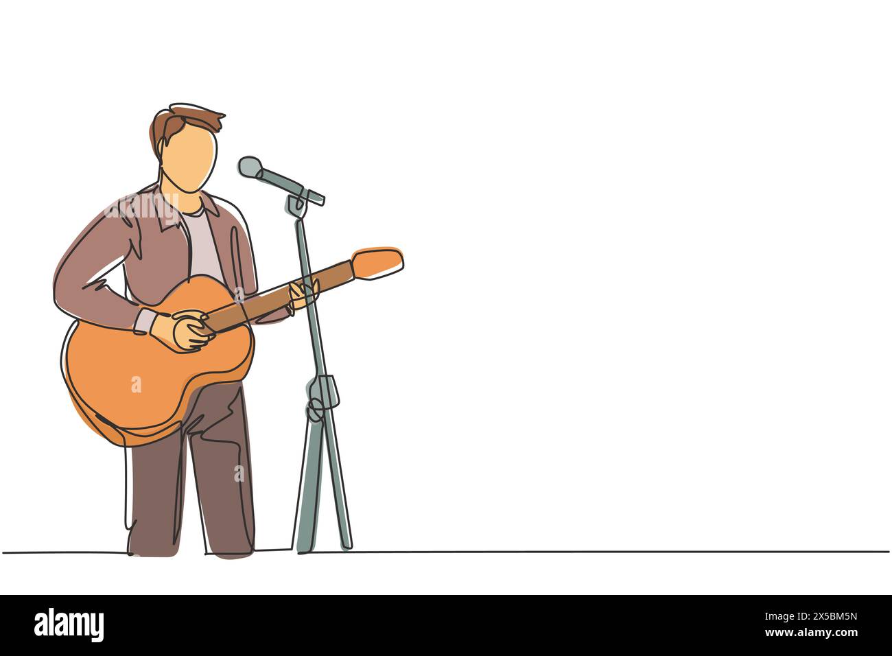 One continuous line drawing of young happy male guitarist playing ...