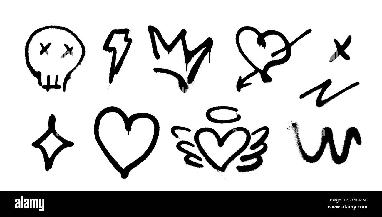 Graffiti drawing icons. Set of spray painted symbols like skull, heart ...