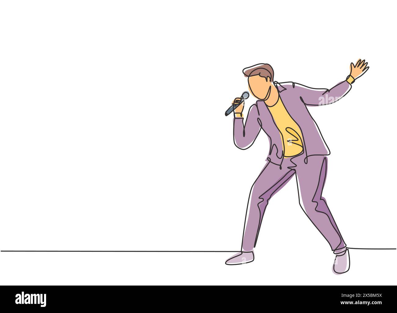Single continuous line drawing of young happy male pop singer holding ...