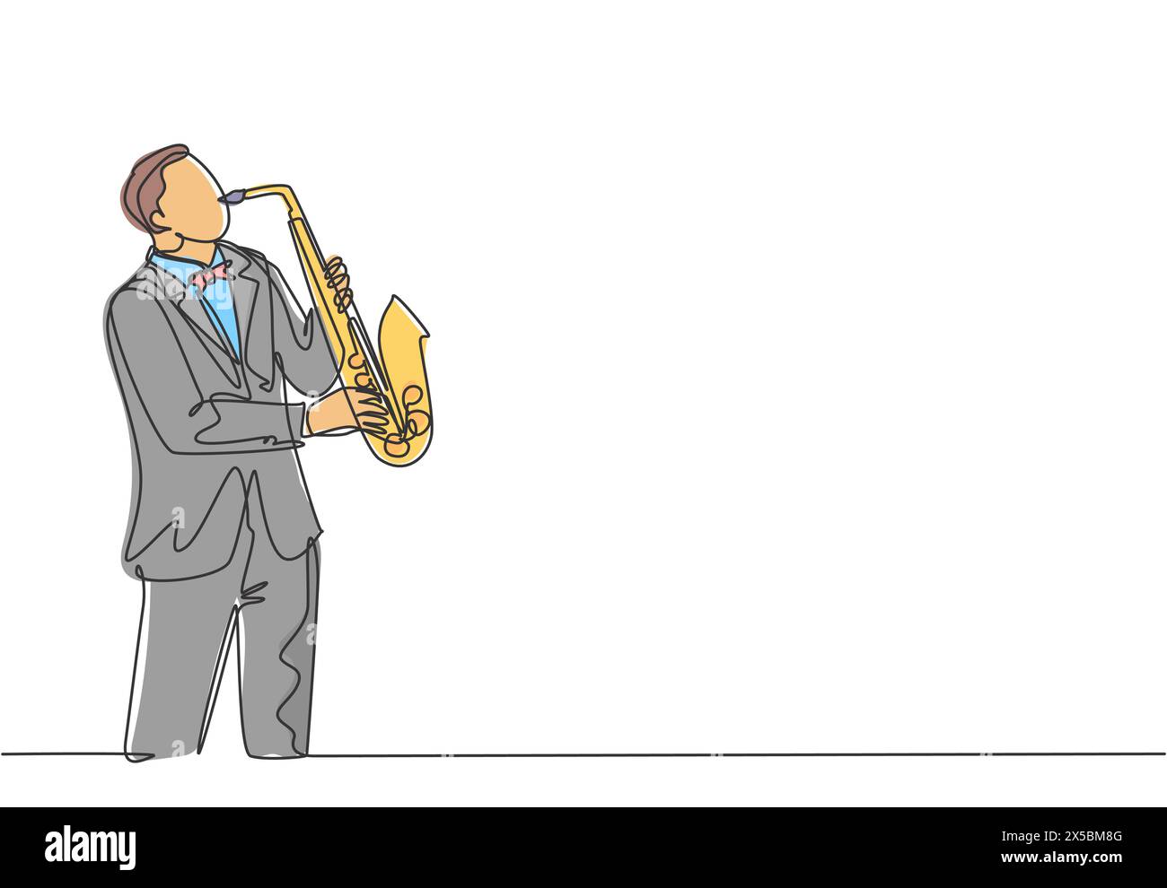 Single continuous line drawing of young happy male saxophonist with hat ...