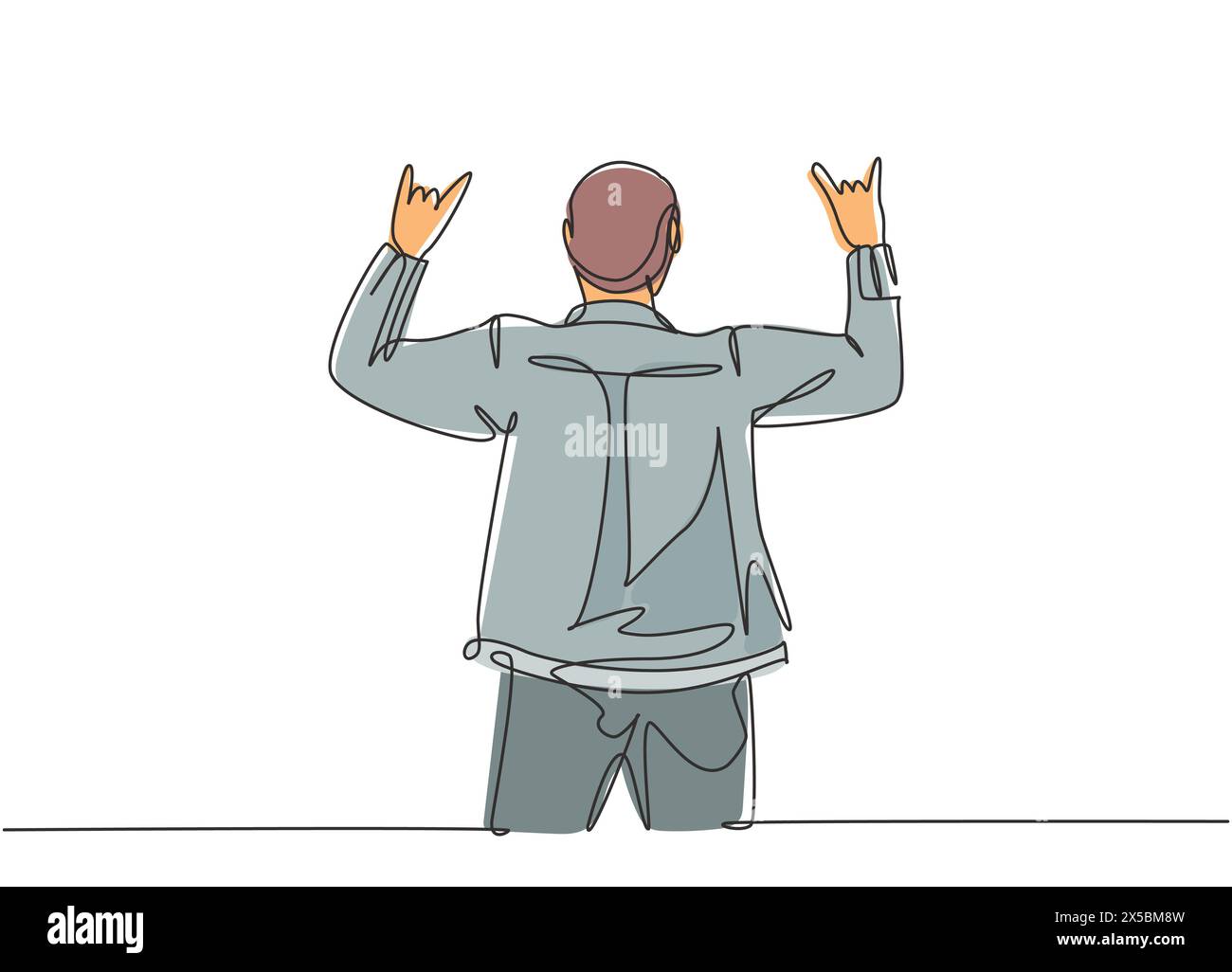 One continuous line drawing of young happy male rocker singer giving ...