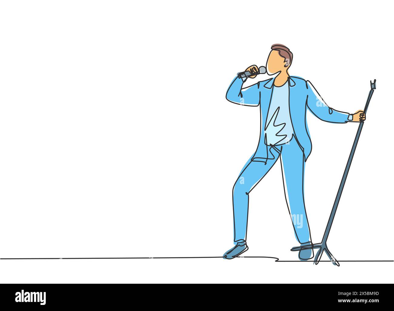 Single continuous line drawing of young happy male pop singer holding ...