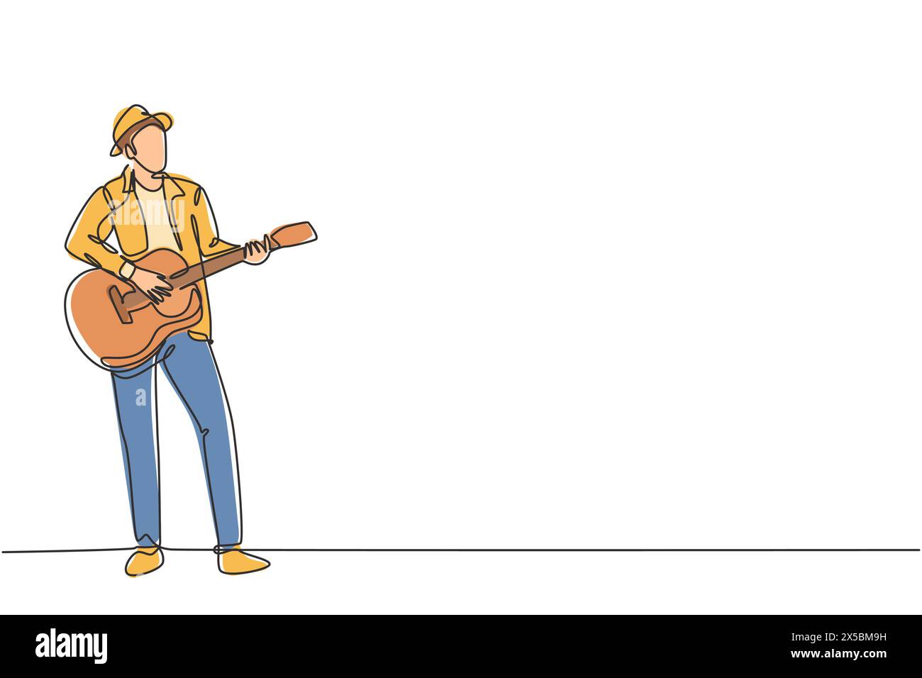 One continuous line drawing of young happy male guitarist wearing hat ...