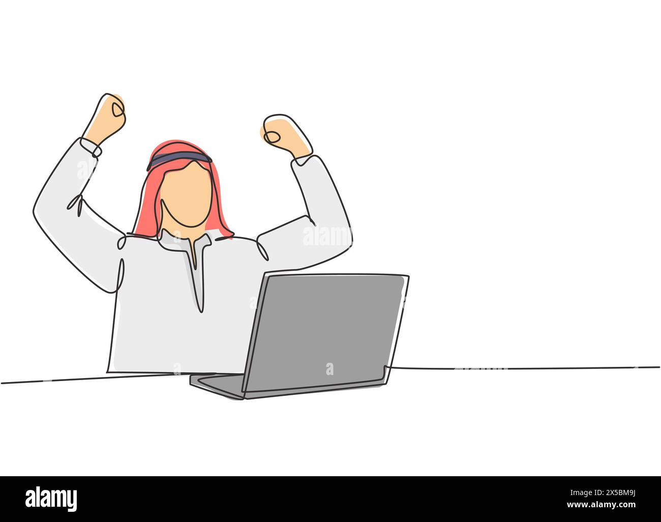 One single line drawing of young happy muslim worker celebrate after he ...