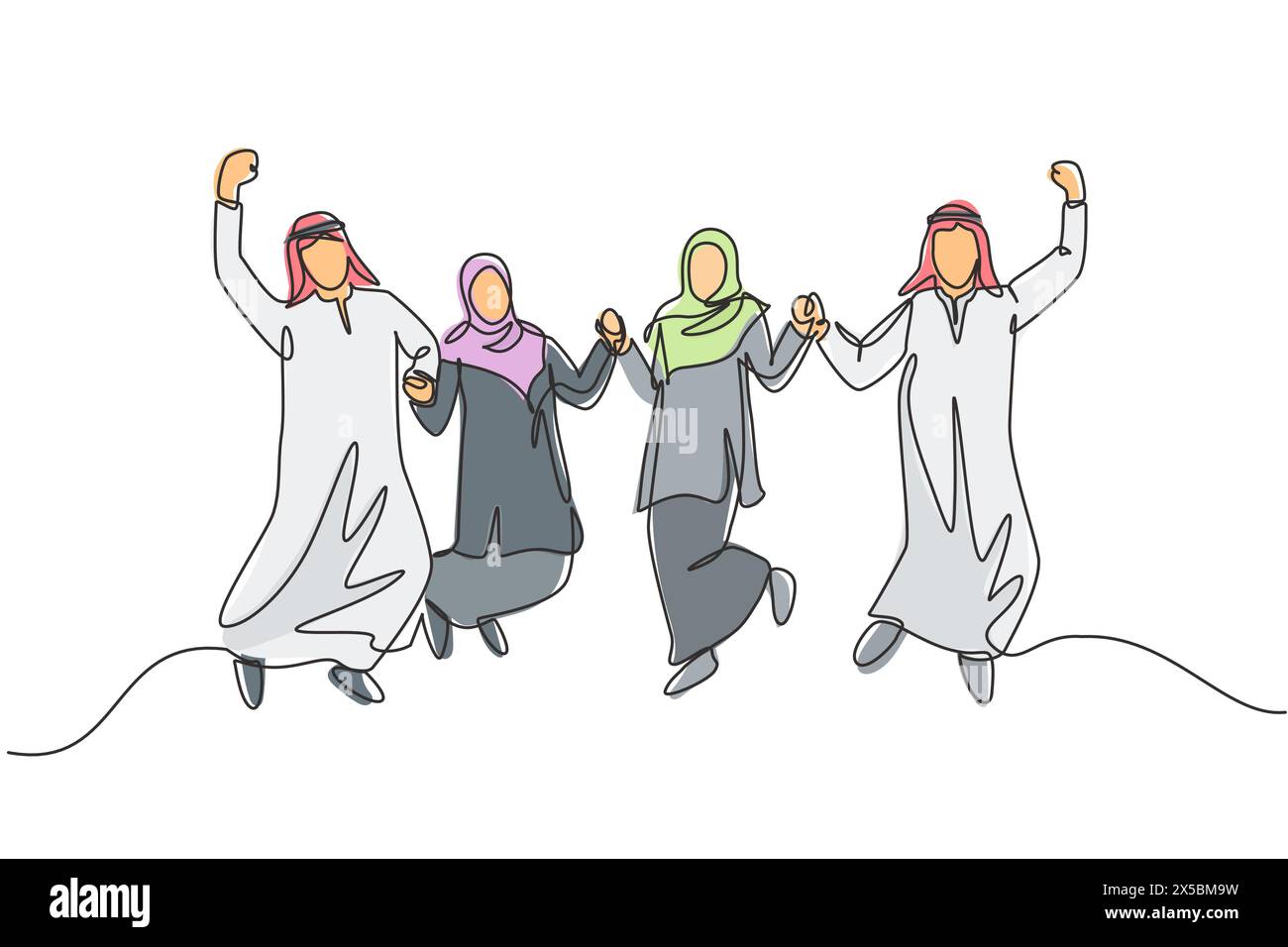 One single line drawing of young business people muslim jump together ...