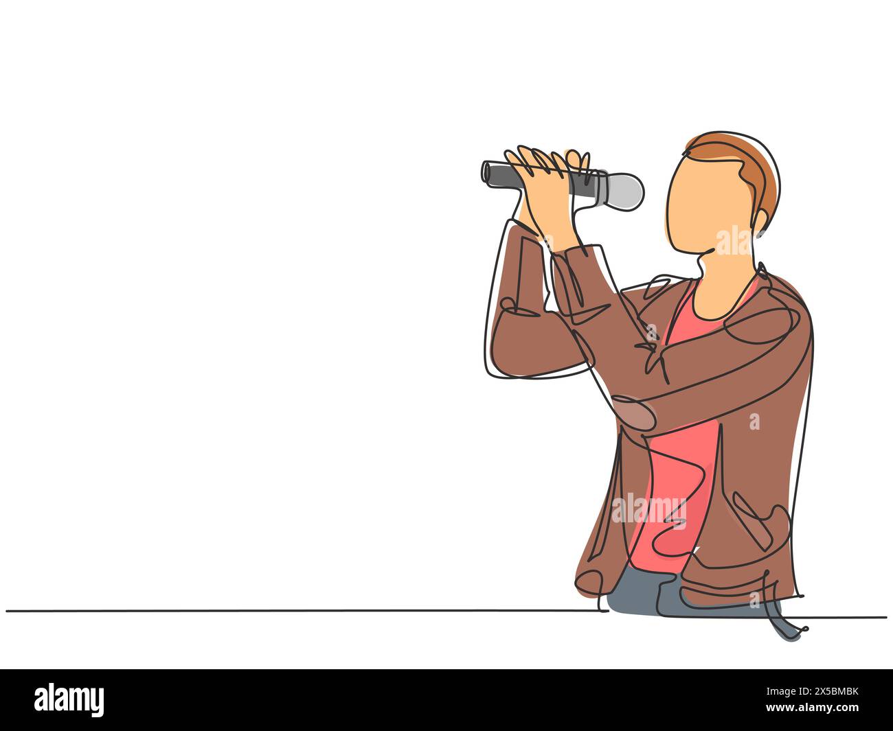 One single line drawing of young happy male rock singer holding ...