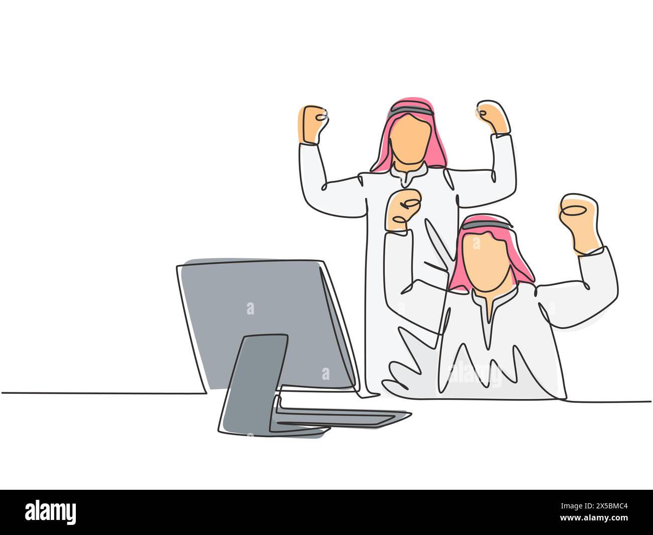 One single line drawing of young muslim marketer celebrate the increase ...