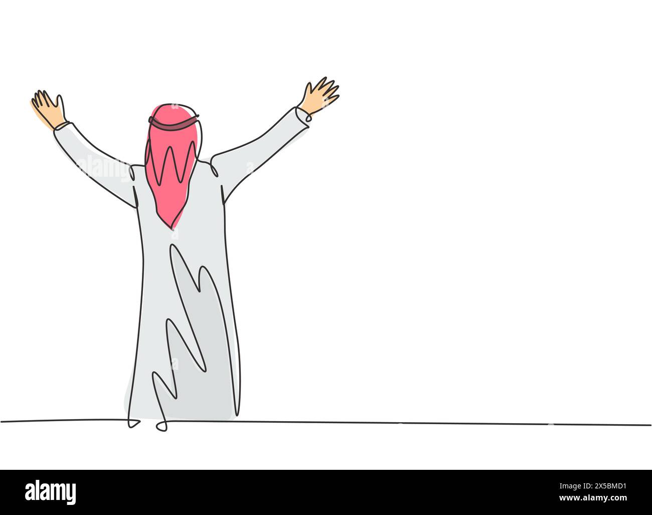 One continuous line drawing of young happy muslim businessman celebrate ...