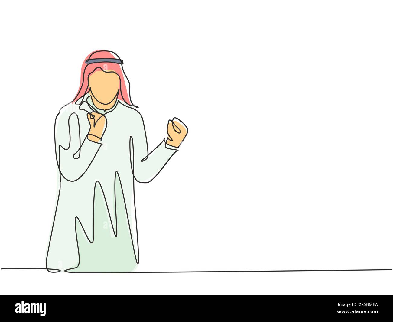 One single line drawing of young happy muslim business man raise hand ...