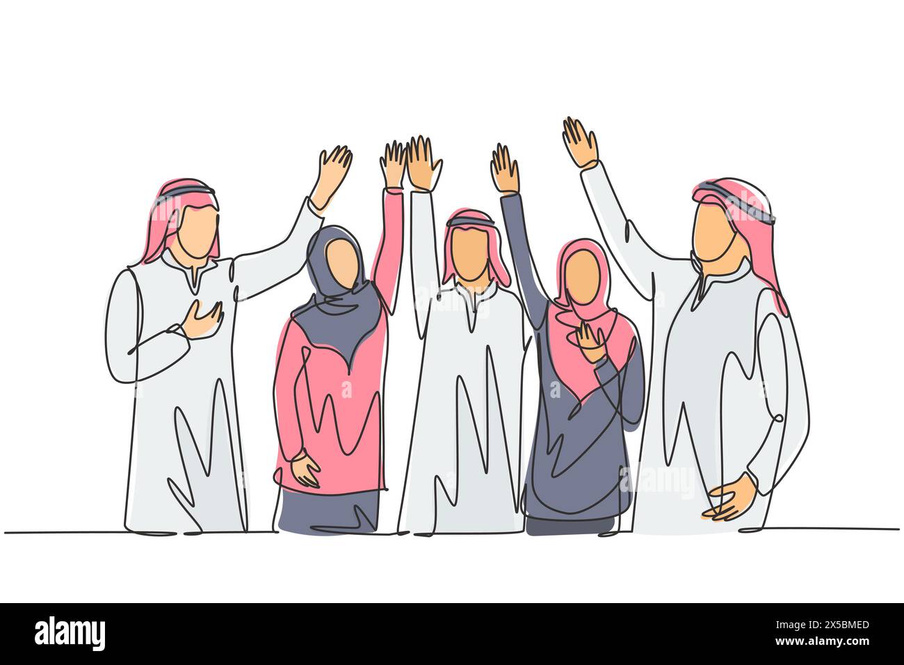 Single continuous line drawing of young muslim business man raising ...