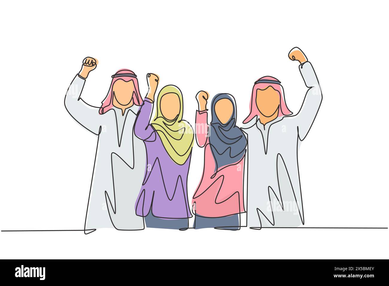 Single continuous line drawing of young muslim business people ...