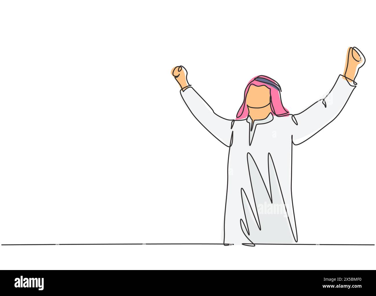 One continuous line drawing of young happy muslim business man raise ...