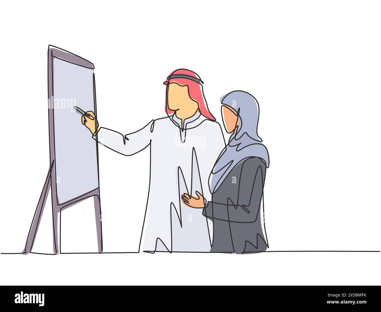 Single continuous line drawing of young muslim manager do presentation ...