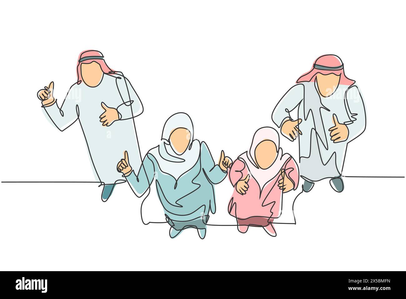 One continuous line drawing of young muslim businessman and ...