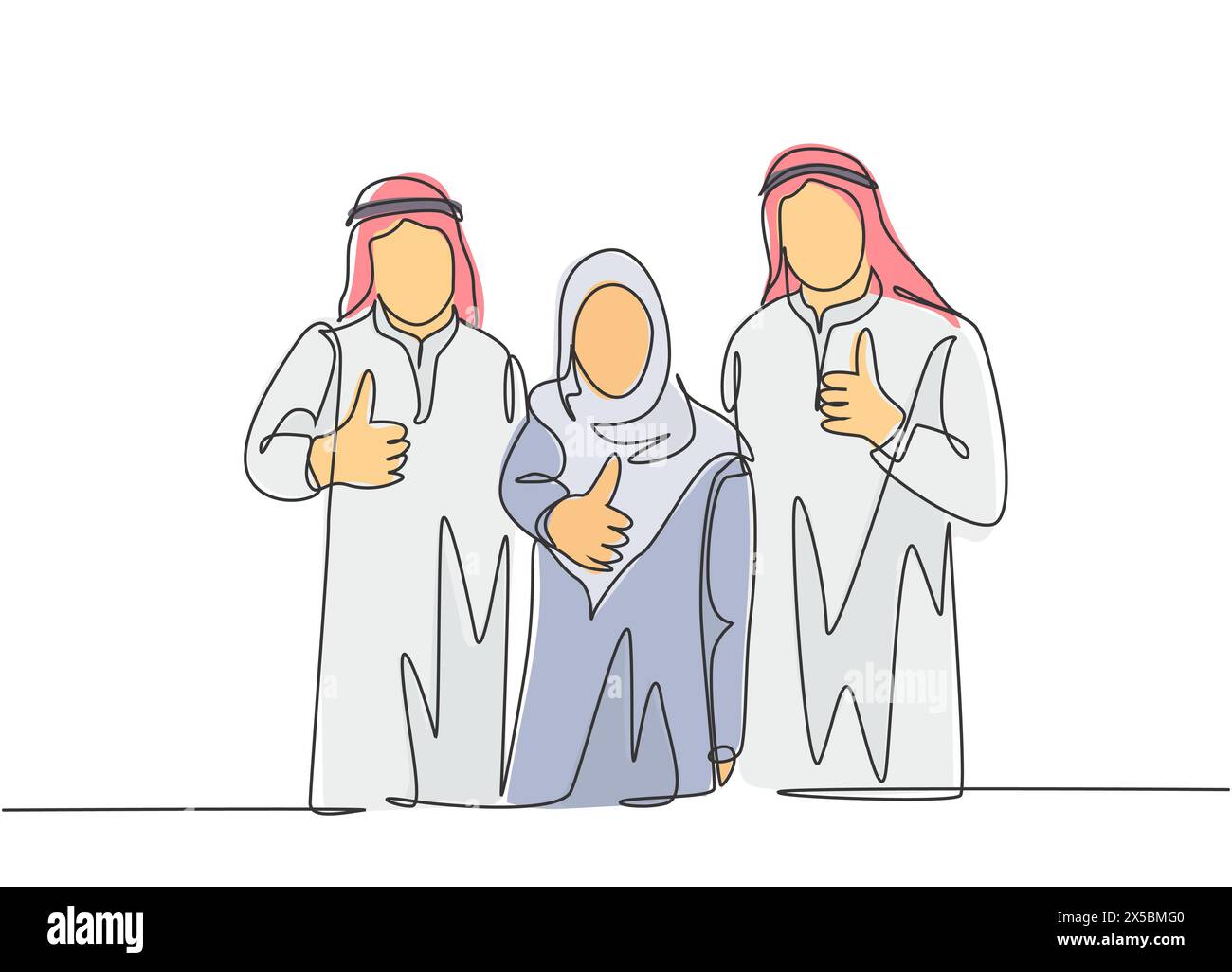 One continuous line drawing of young happy muslim employees giving ...