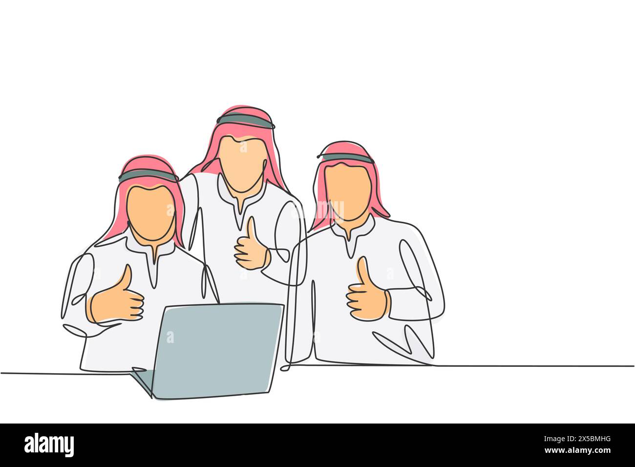 Single continuous line drawing of young muslim team manager give thumbs ...