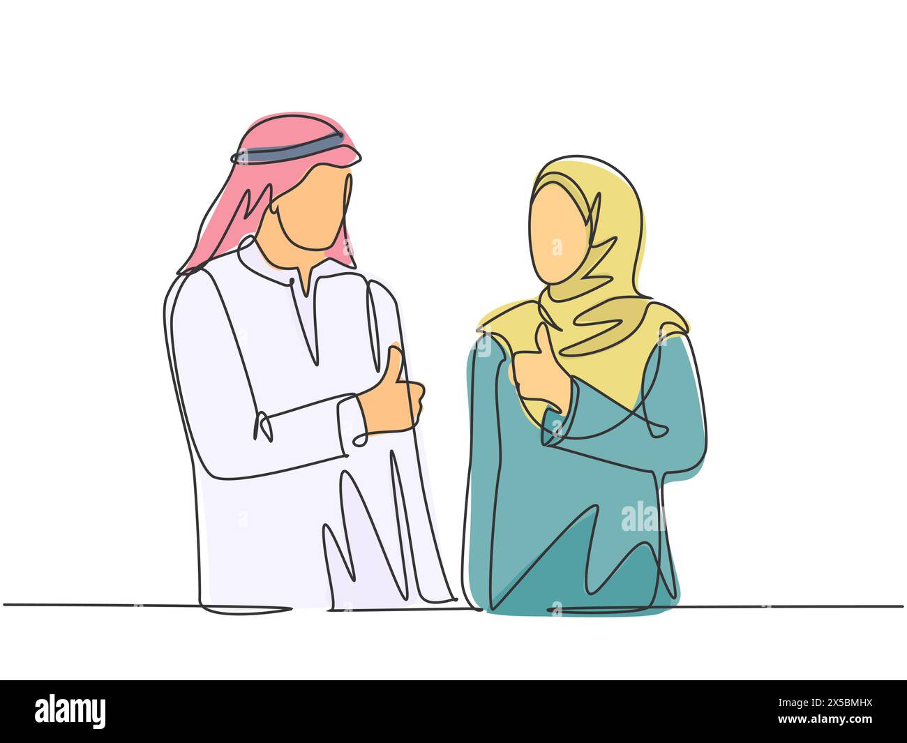 One continuous line drawing of young muslim male and female workers ...