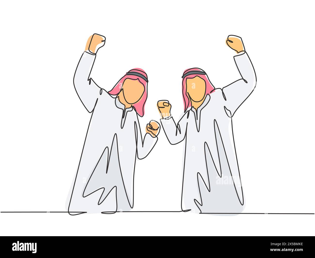 One single line drawing of young happy muslim employees celebrate their ...