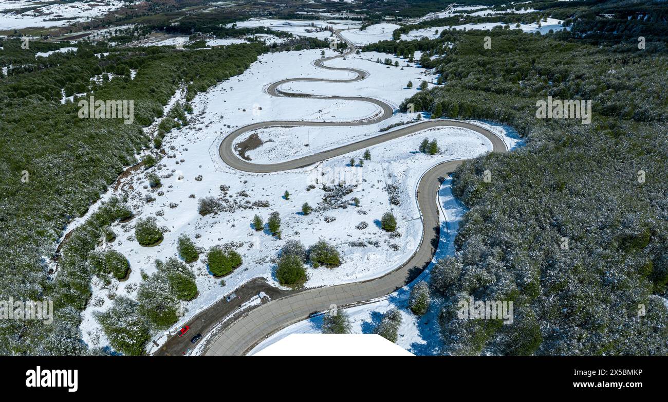 Mountain pass down to village Villa Cerro Castillo, aerial view of ...