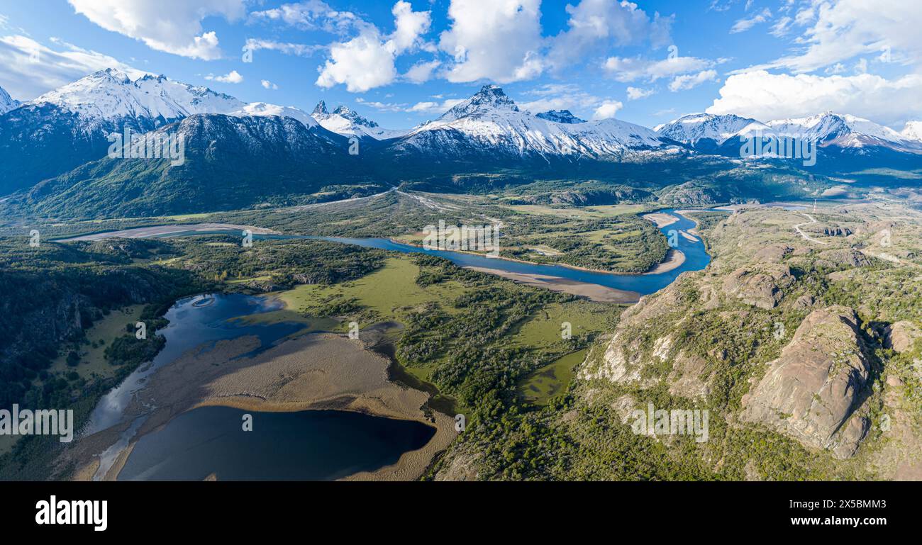 Confluence of river Estero Parada flowing into Rio Ibanez, aerial view ...