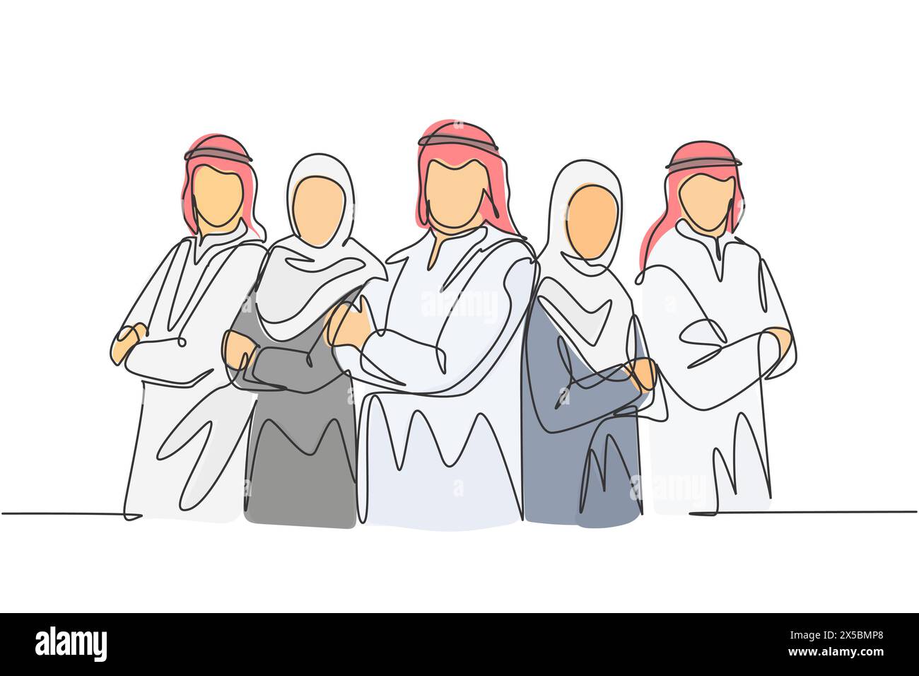 One continuous line drawing of young muslim businesspeople line up ...