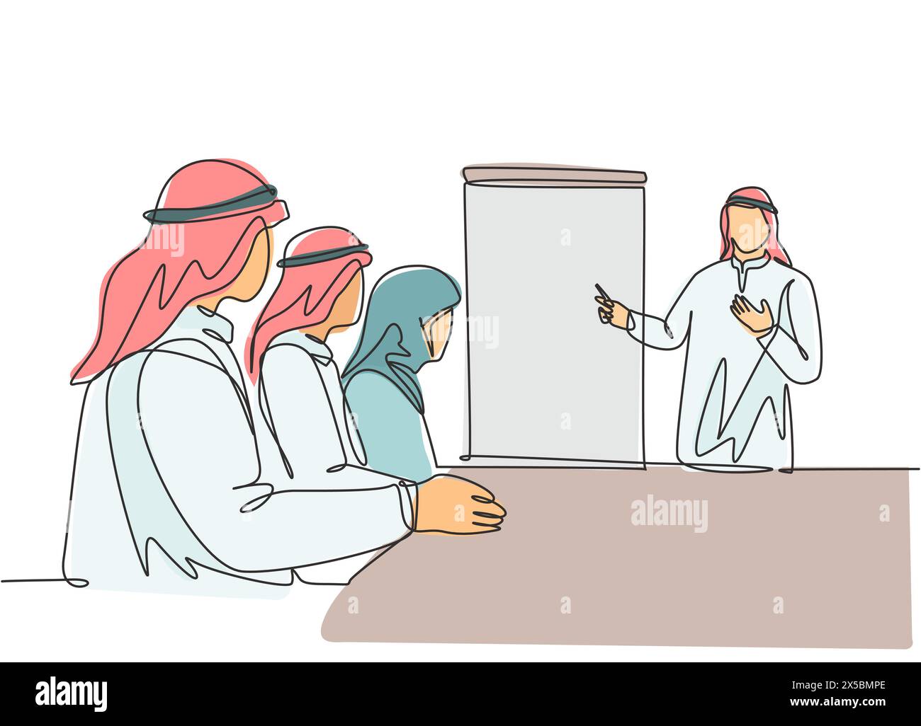 One single line drawing of young happy muslim manager give business ...