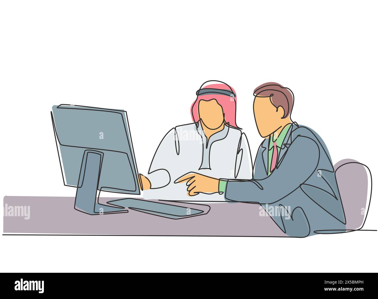 One single line drawing of young happy muslim businessman discussing ...