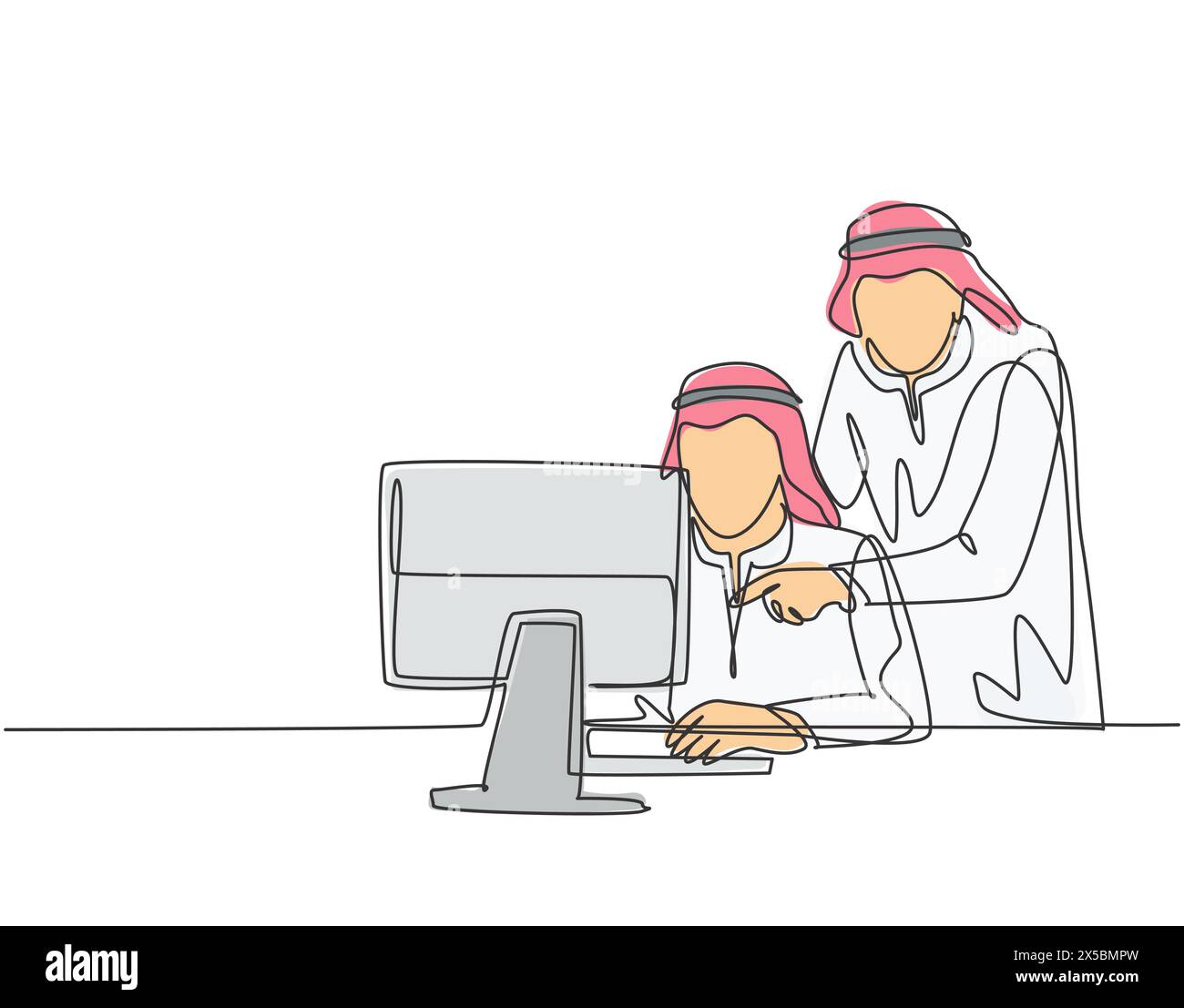 Single continuous line drawing of young muslim workers watching ...