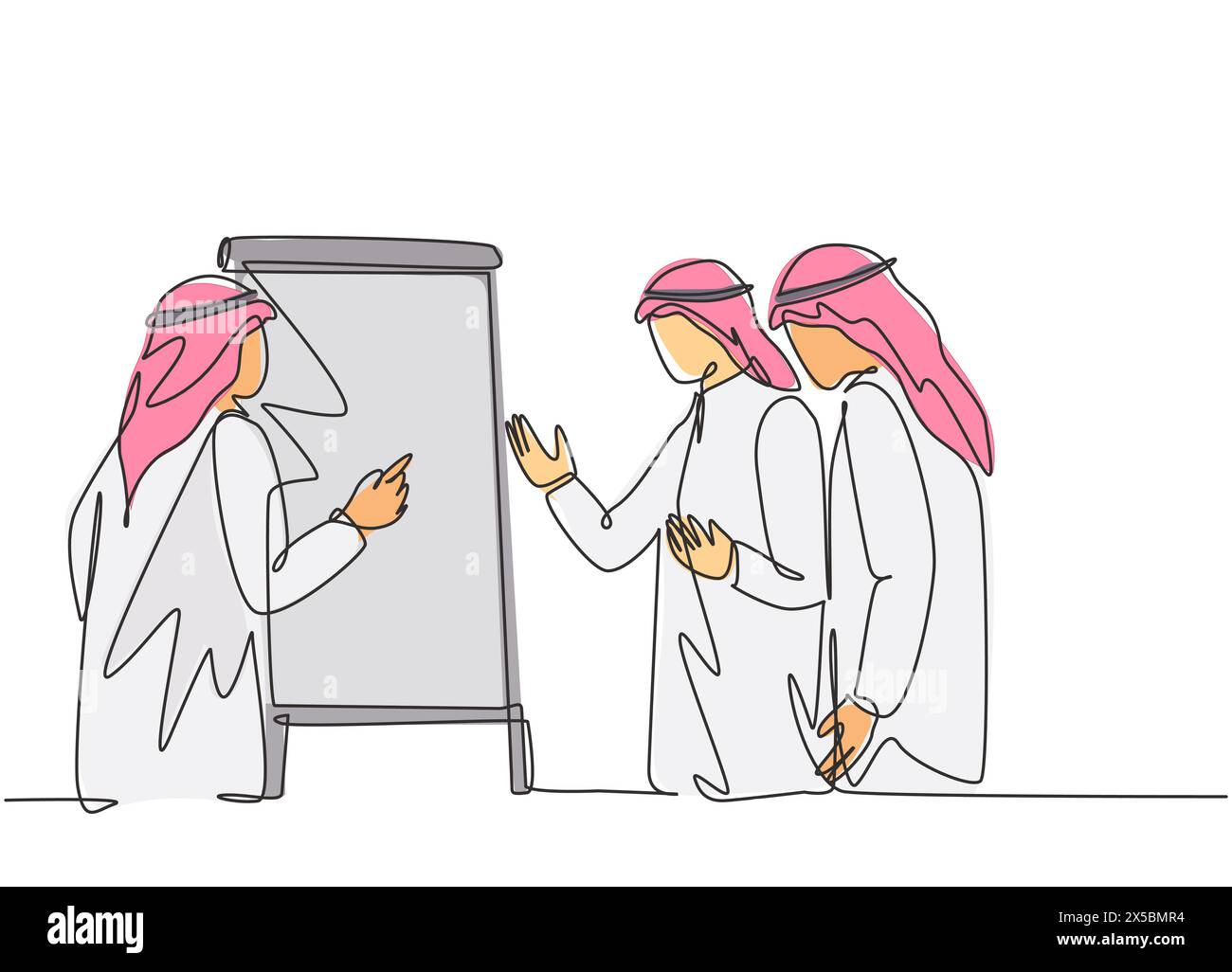 One continuous line drawing of young muslim businessman presenting new ...