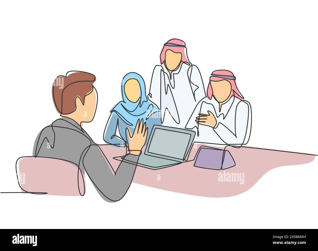 One single line drawing of young happy muslim businessmen get business ...