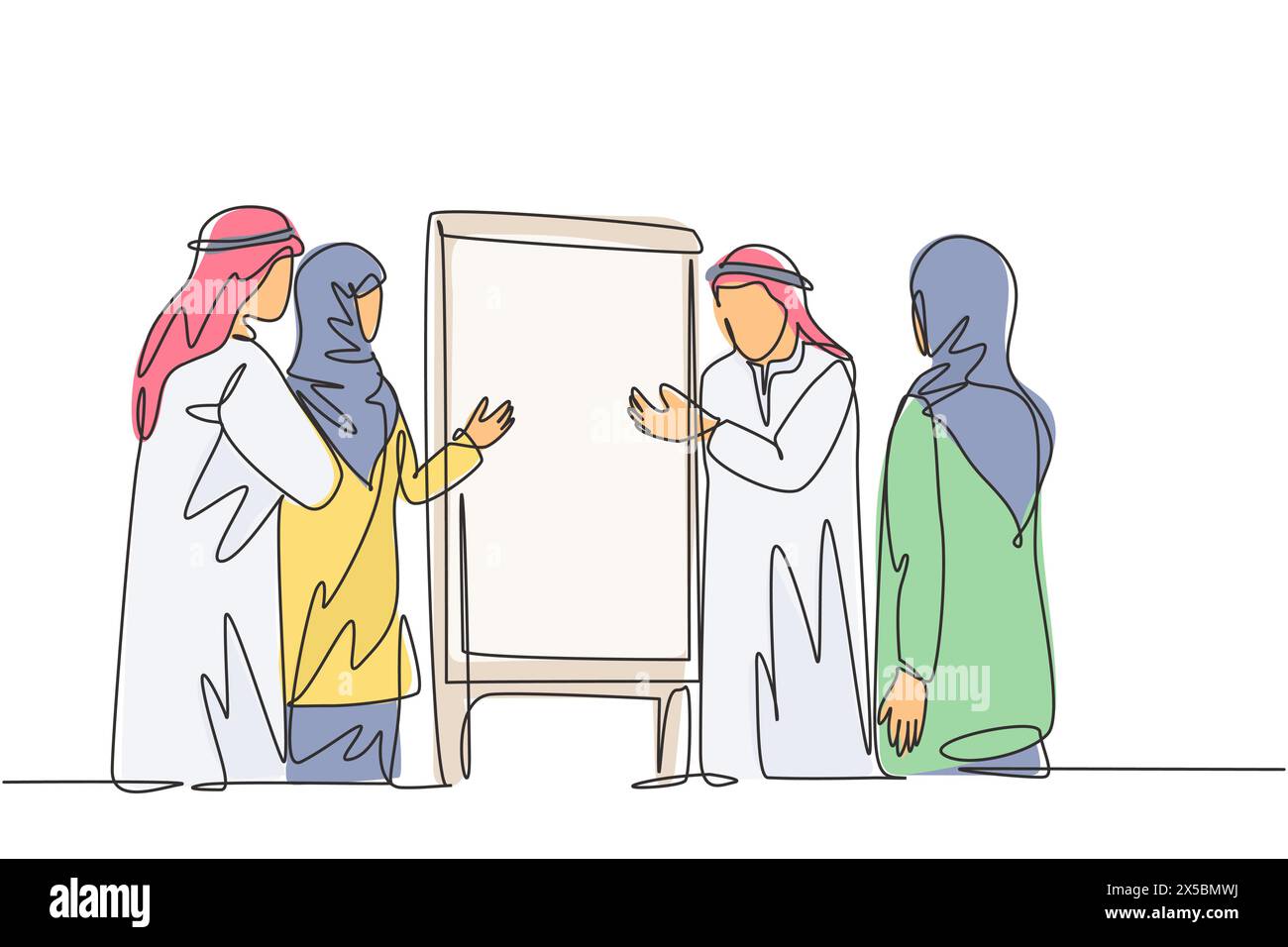 One continuous line drawing of young muslim manager give brief at ...