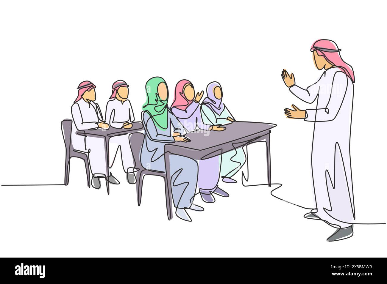 Single continuous line drawing of young muslim business founder do ...