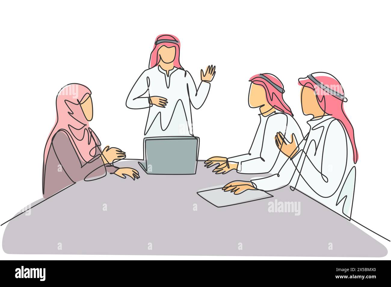 Single continuous line drawing of young muslim businessman presenting ...