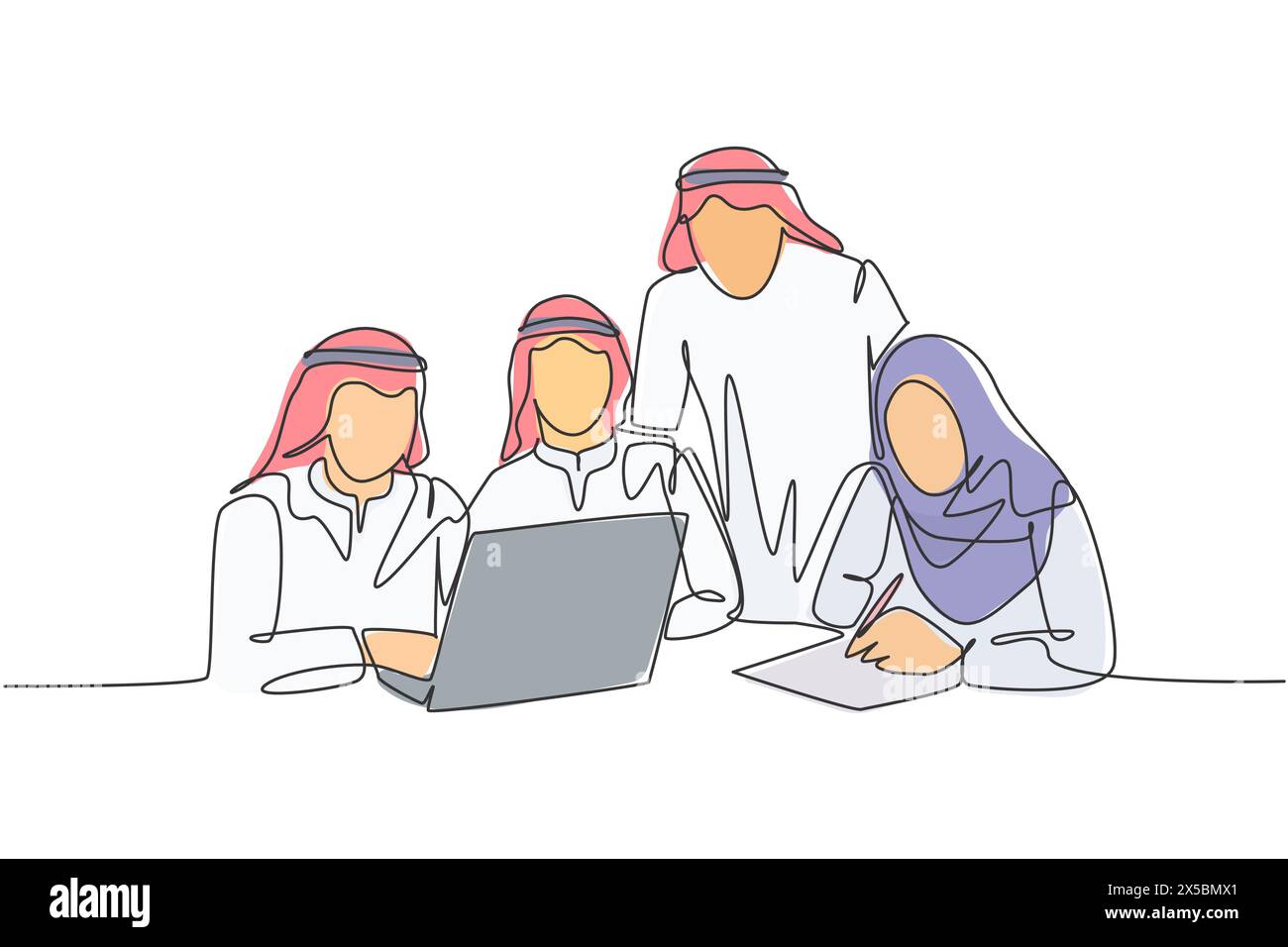 One continuous line drawing of young muslim startup team members ...