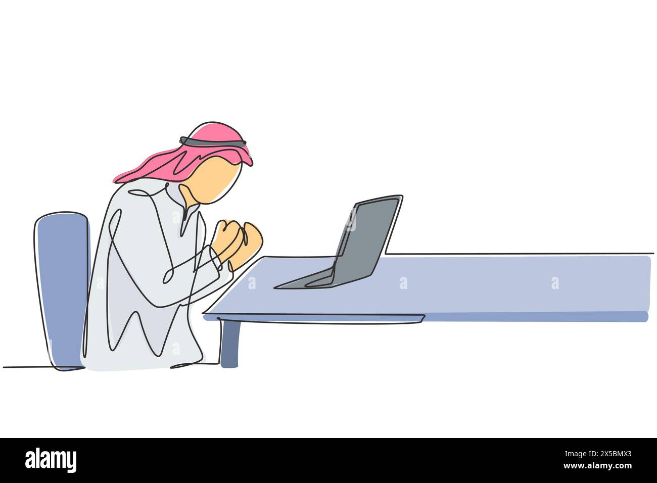 One continuous line drawing of young happy muslim business man ...